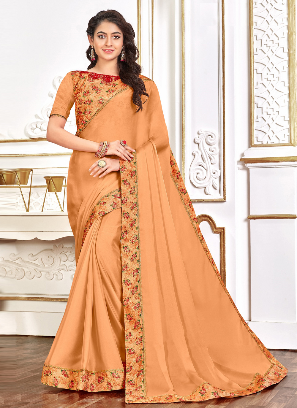 Shop Patch Border Poly Silk Orange Traditional Saree Online : 171976