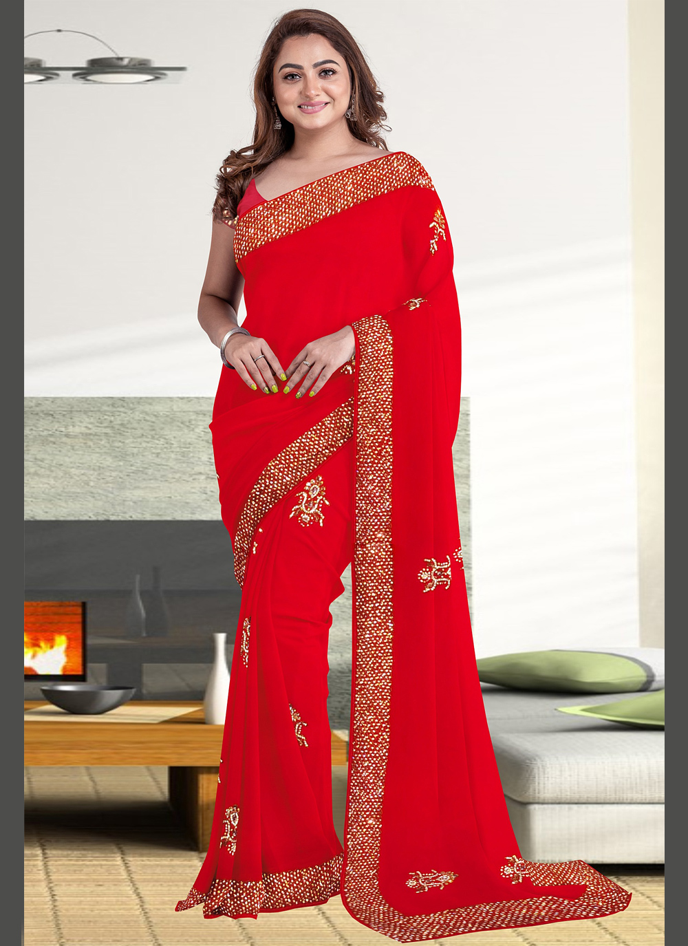 Shop Online Patch Border Red Classic Designer Saree : 174598