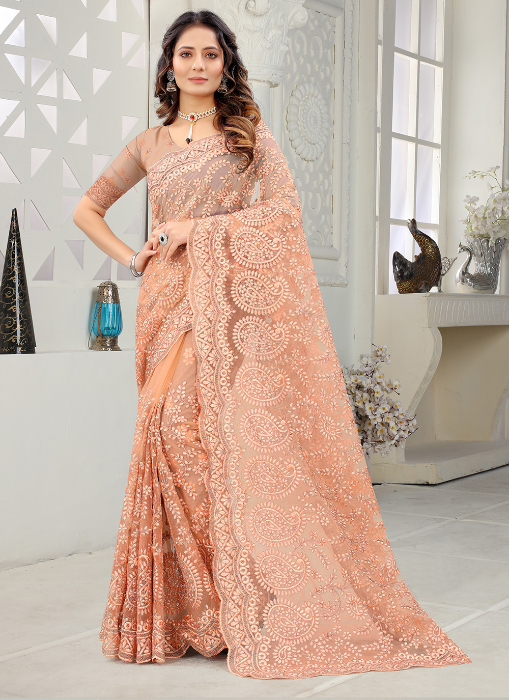 Buy Peach Designer Saree : 208045