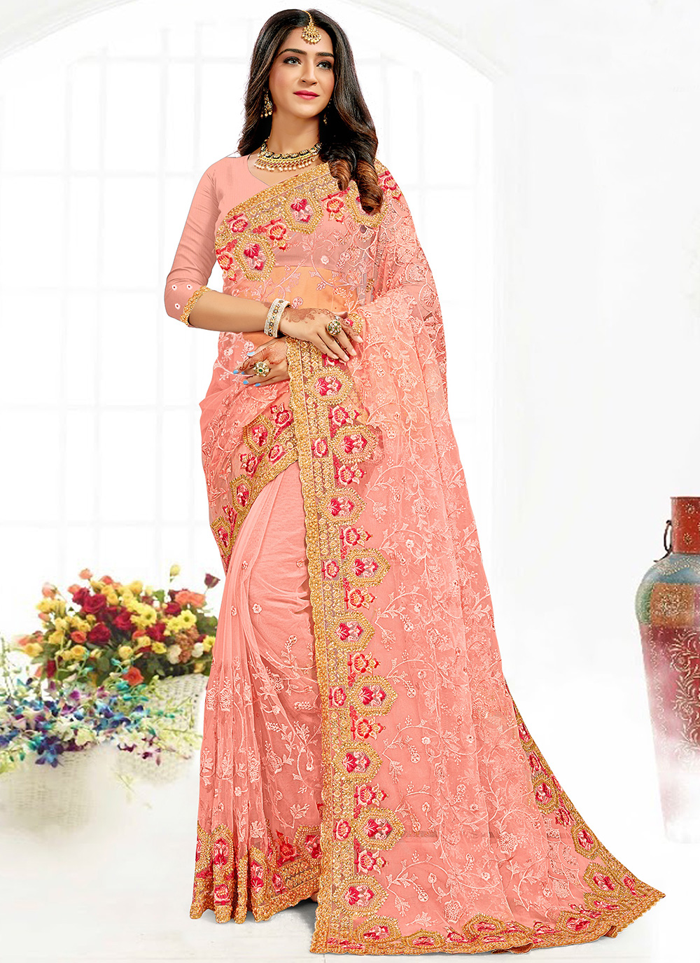 Buy Peach Reception Net Contemporary Saree Online