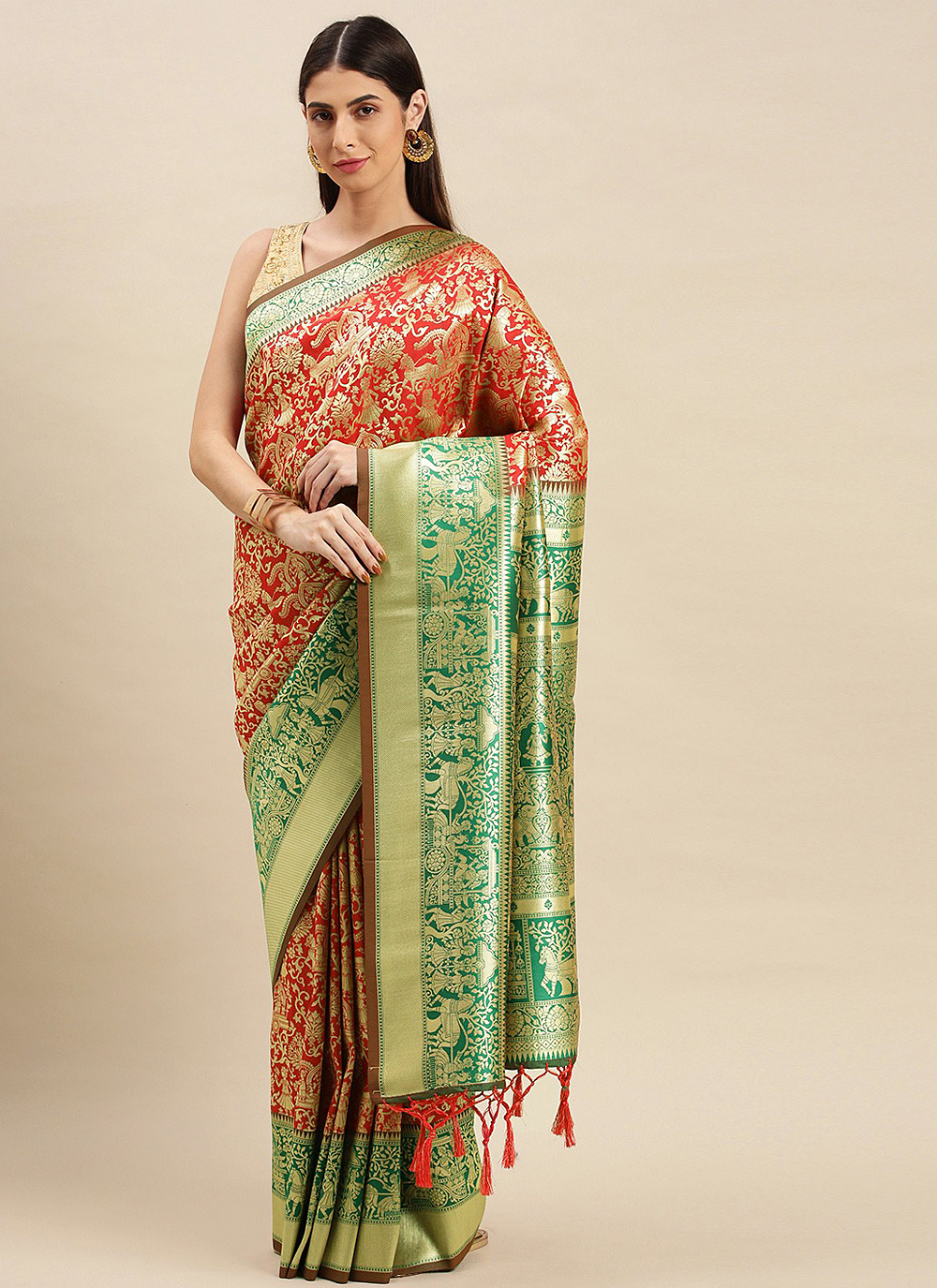 Shop Peach Weaving Mehndi Traditional Designer Saree Online : 190941