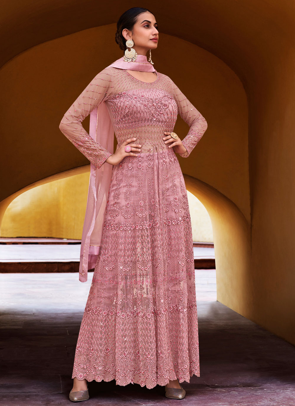 Pink Swarovski Net Designer Suit buy online