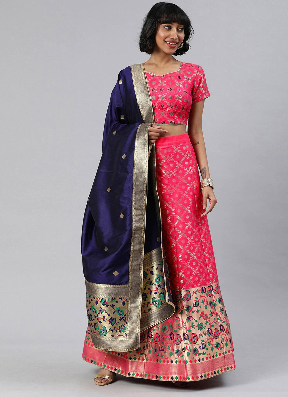 Shop Pink Woven Art Banarasi Silk A Line Lehenga Choli Online : 186492