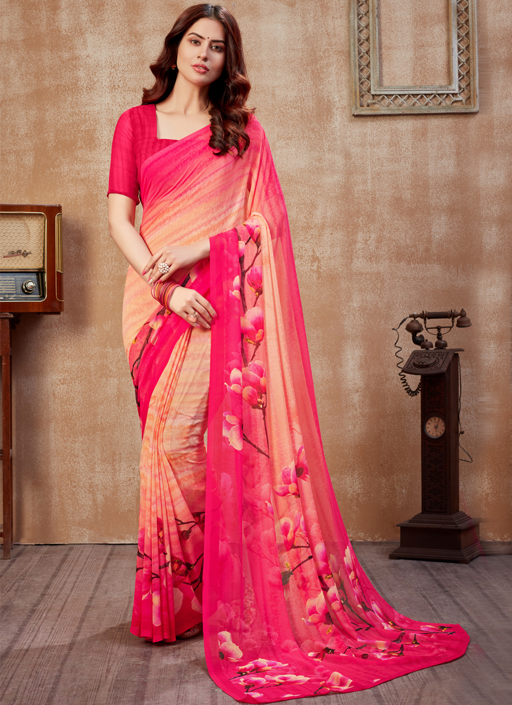 Buy Printed Saree Abstract Print Faux Georgette in Multi Colour Online