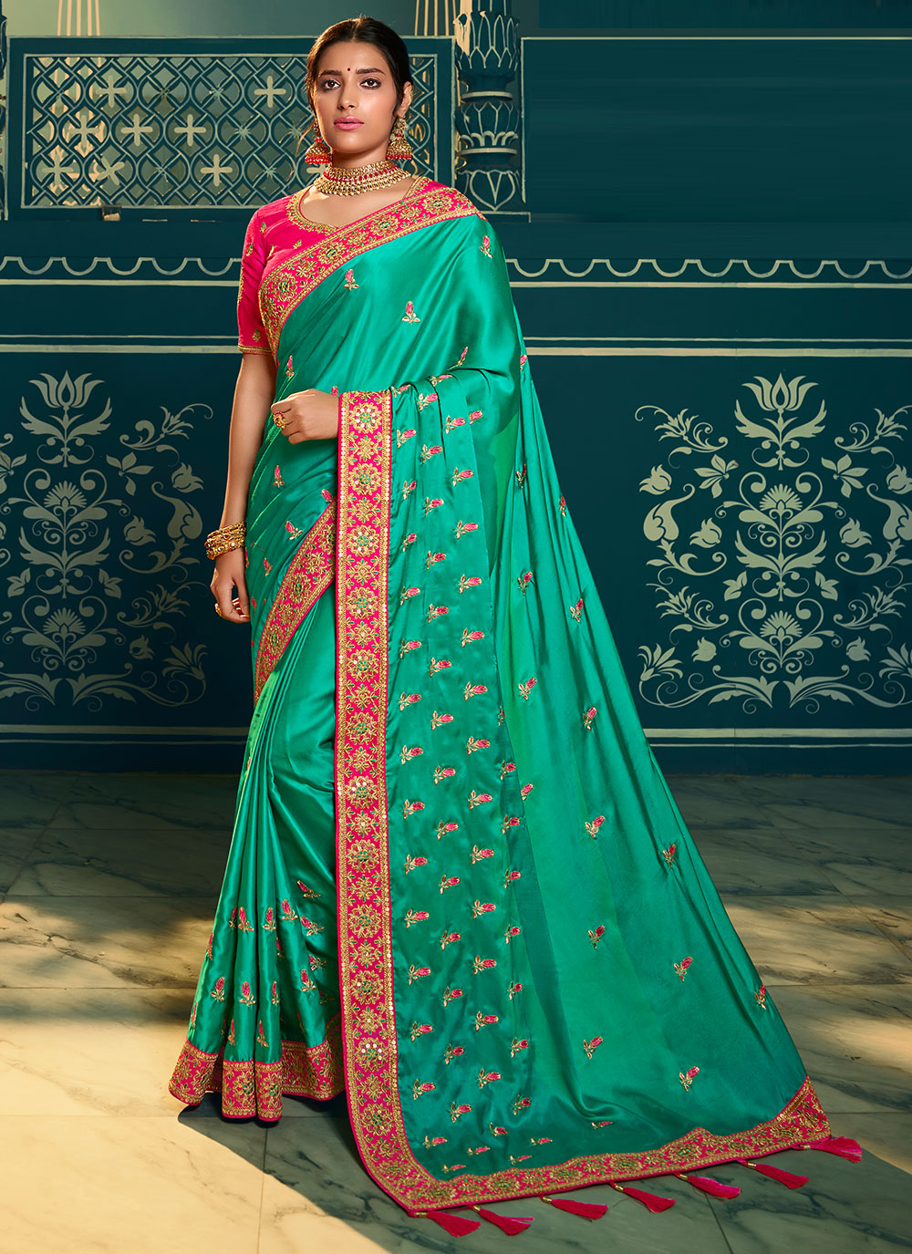 Buy Rama Color Traditional Designer Saree Online
