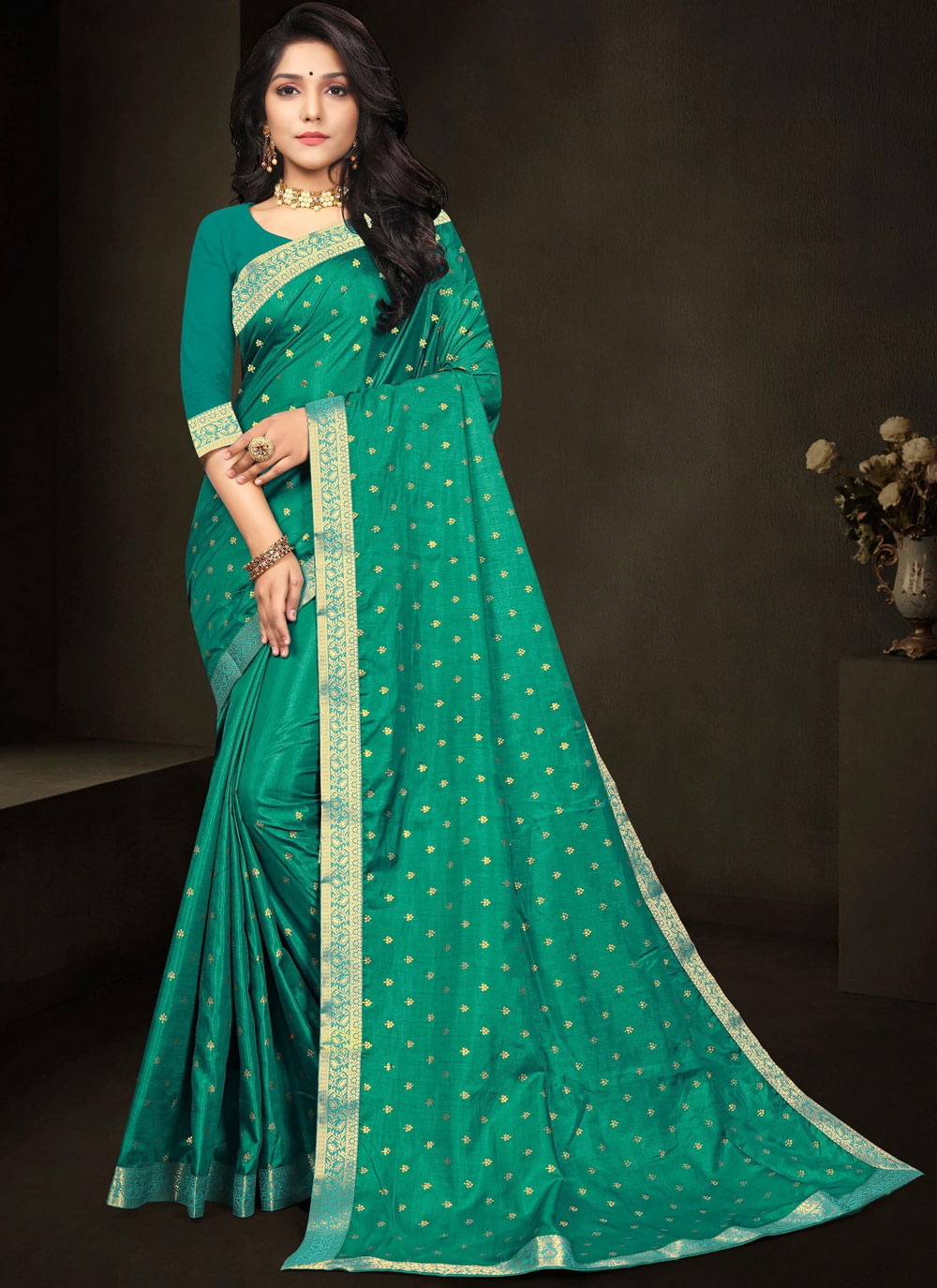 Buy Rama Color Traditional Saree Online