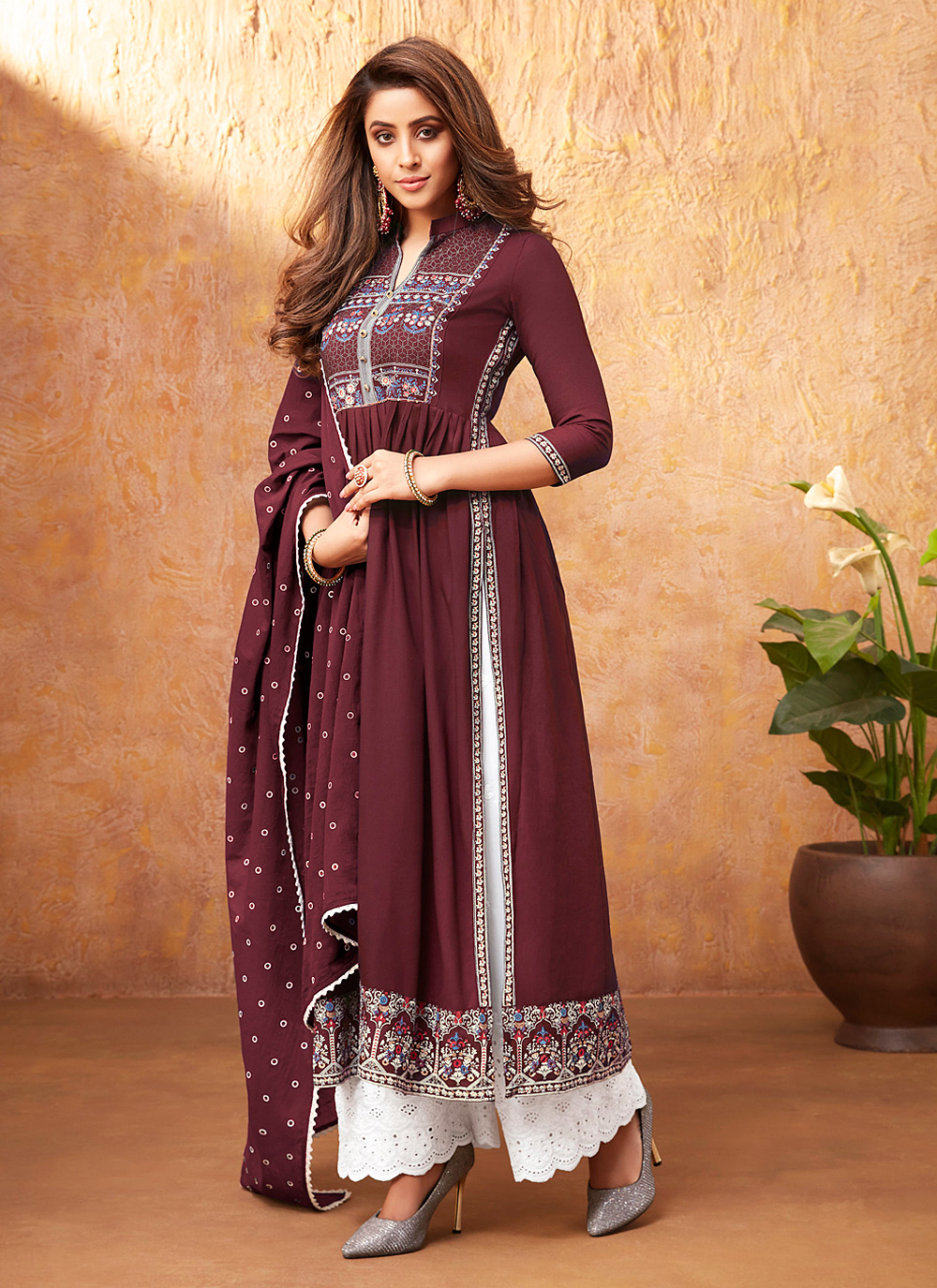 Shop Rayon Maroon Readymade Suit Online : 189812
