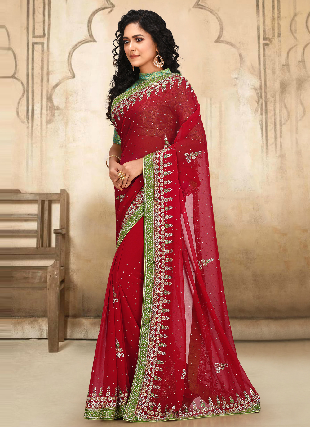 Buy Online Red Georgette Classic Designer Saree : 180419
