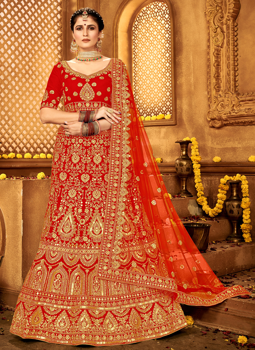 Buy Online Red Velvet A Line Lehenga Choli : 174363