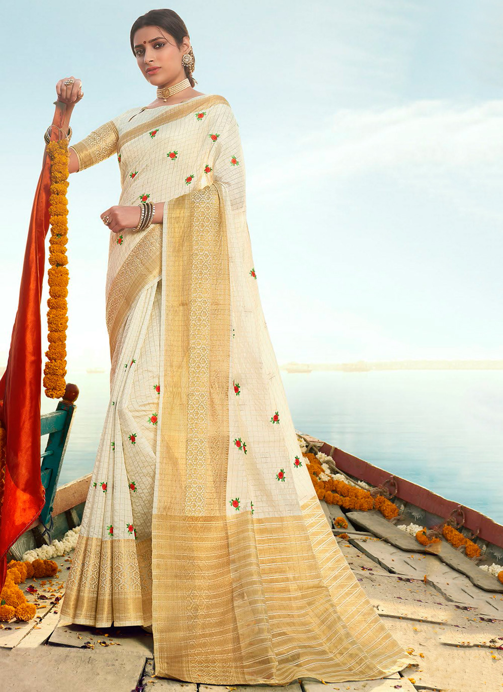 Buy Silk Woven Traditional Designer Saree in Off White : 191608