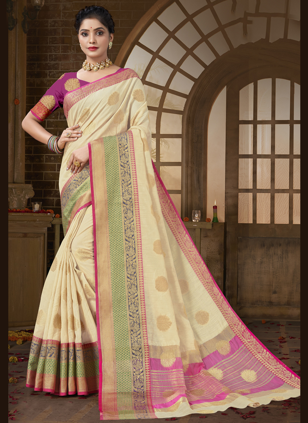 Buy Online Traditional Designer Saree Woven Cotton Silk in Beige : 183302