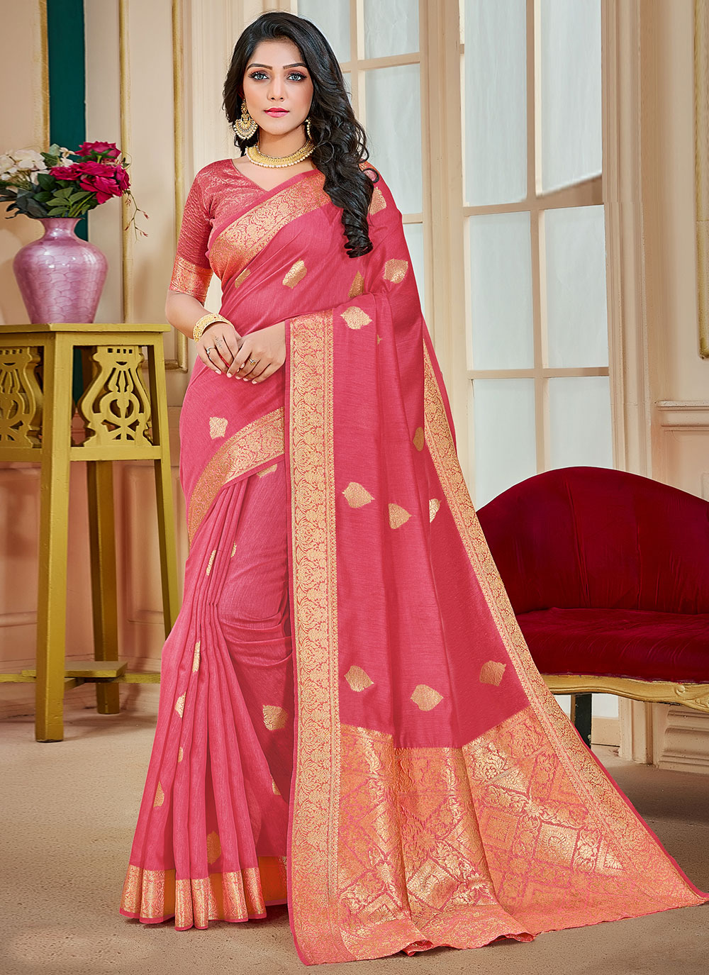 Traditional Saree Woven Cotton Silk in Pink buy online