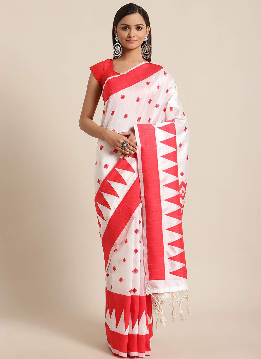 Buy Online Woven Red and White Bhagalpuri Silk Traditional Saree : 175651