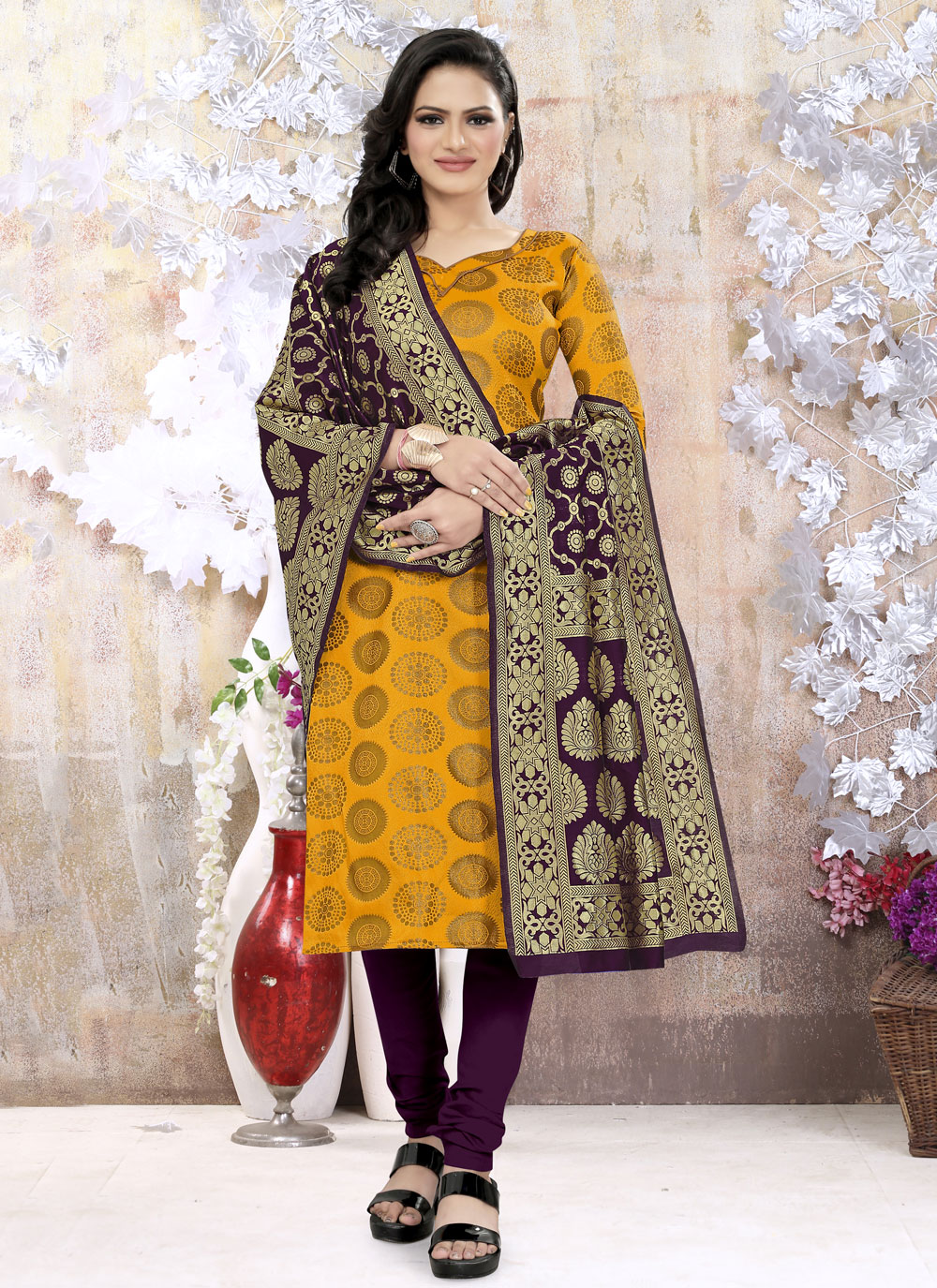 Buy Online Yellow Weaving Churidar Suit : 186010