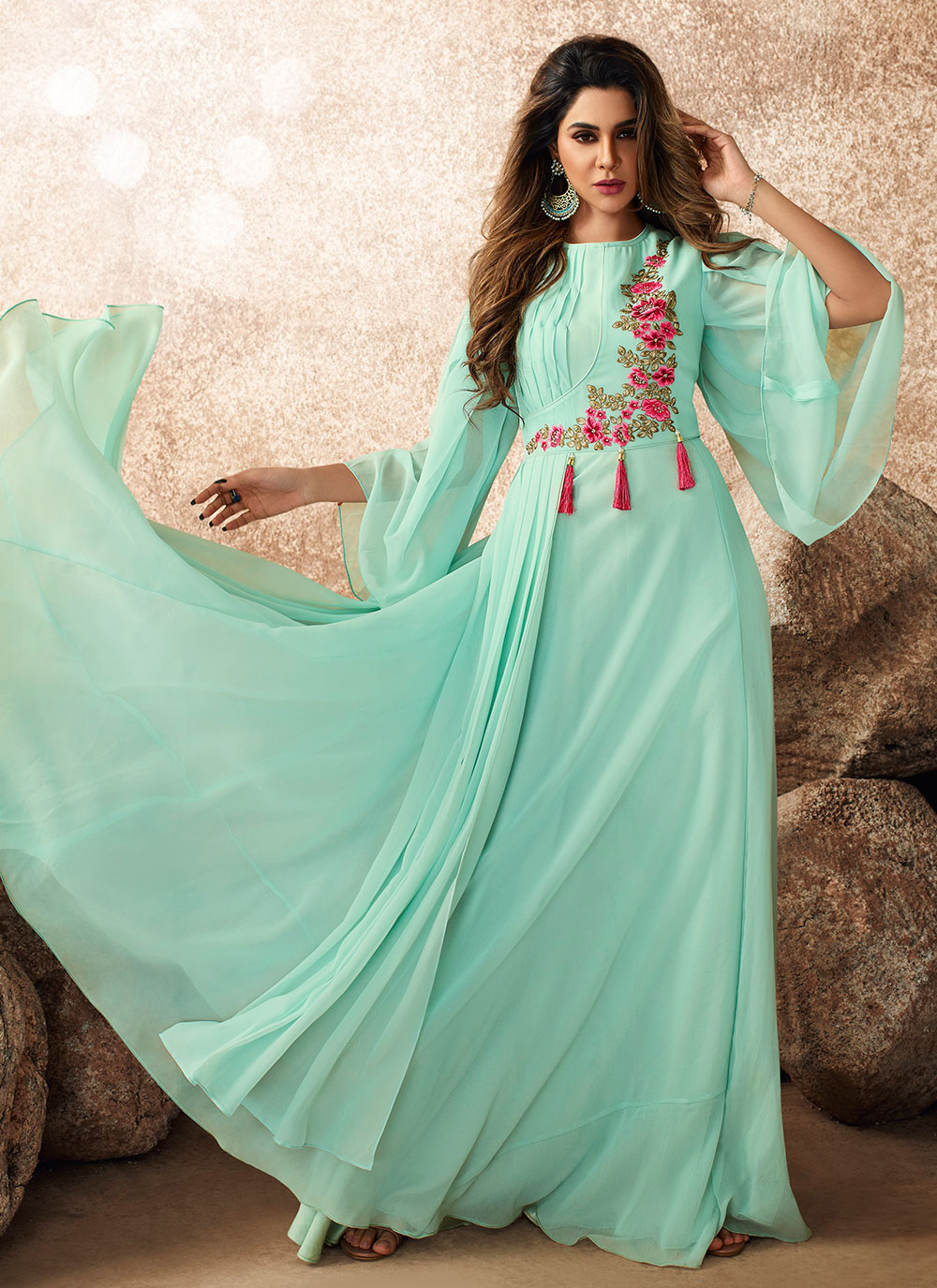 Buy Online Aqua Blue Georgette Readymade Gown : 244534