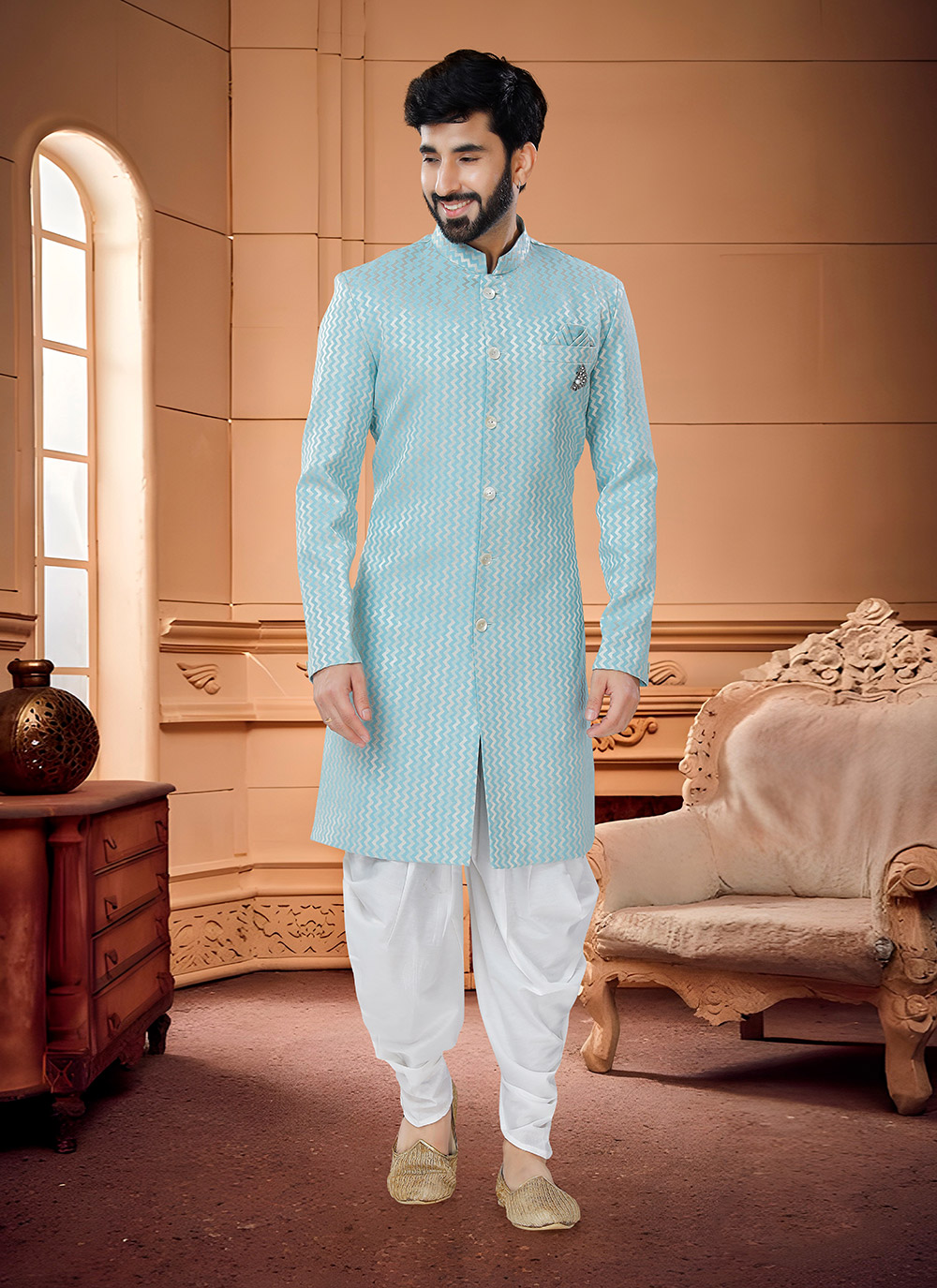 Shop Aqua Blue Thread Work Indo Western Sherwani Online : 240886