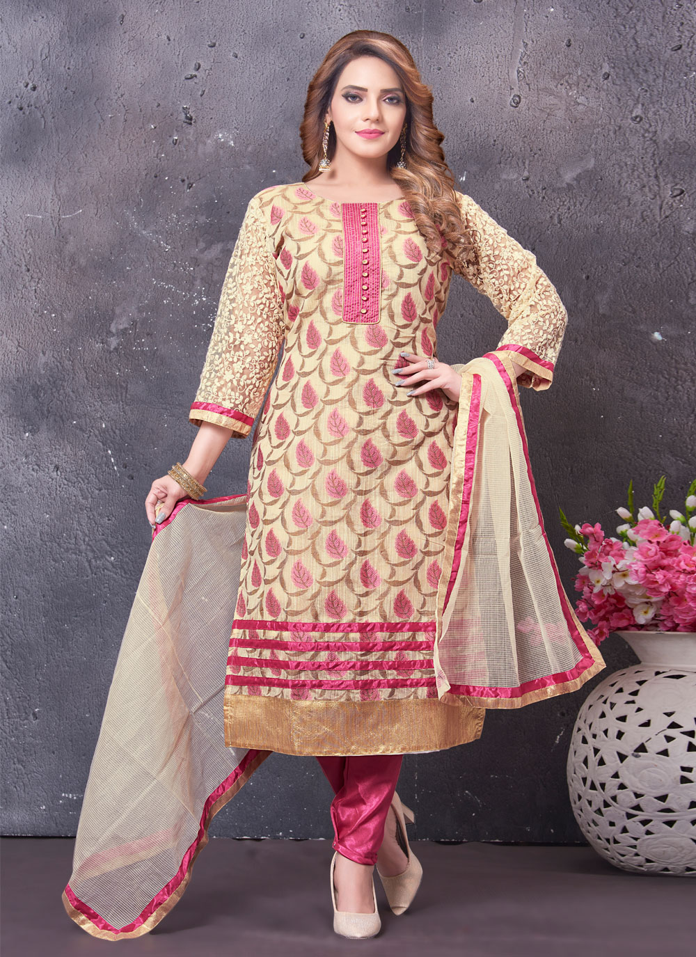 Shop Online Beige Festival Brocade Designer Straight Suit : 214635
