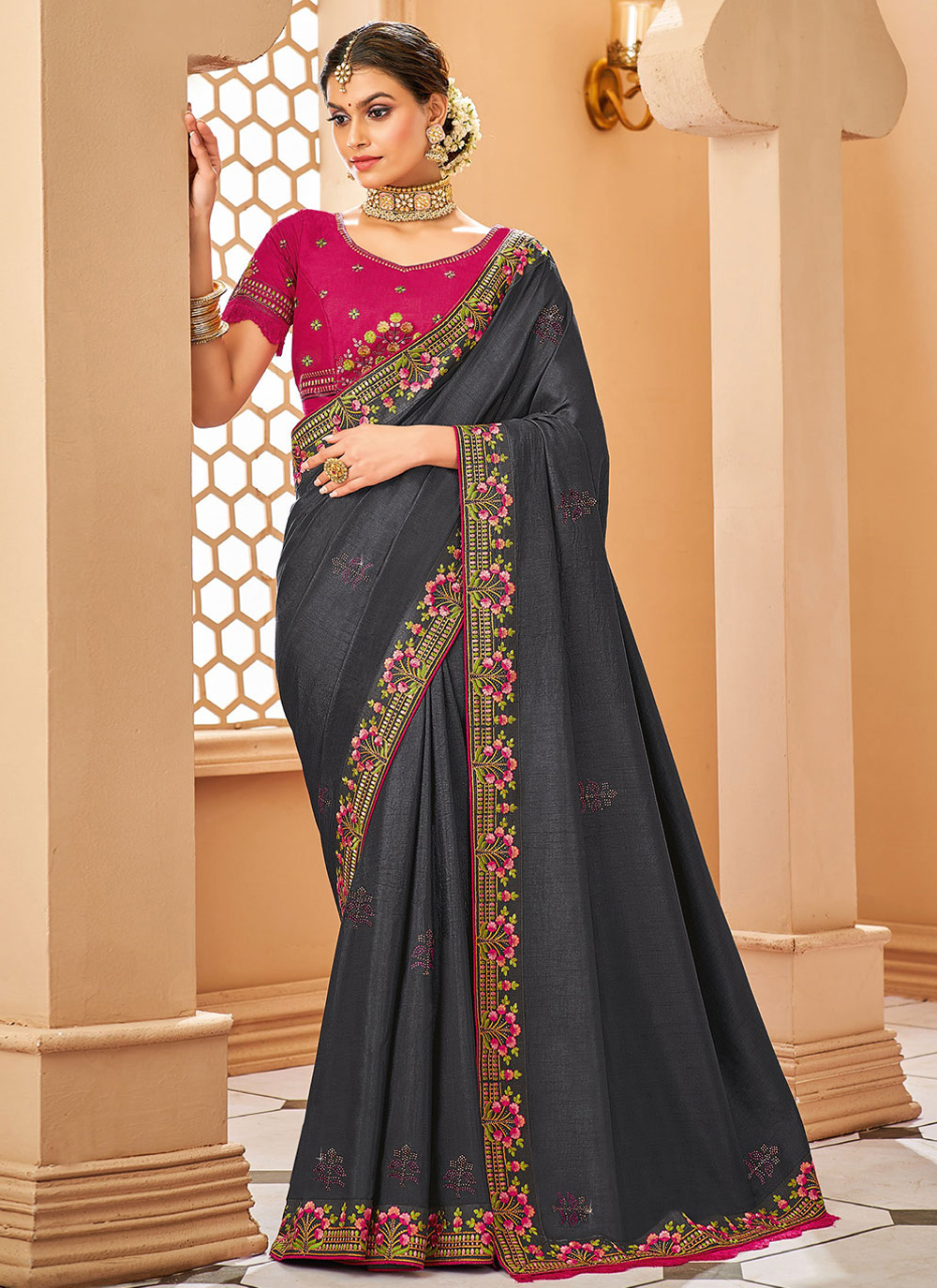 Buy Online Black Border Raw Silk Contemporary Style Saree : 241967