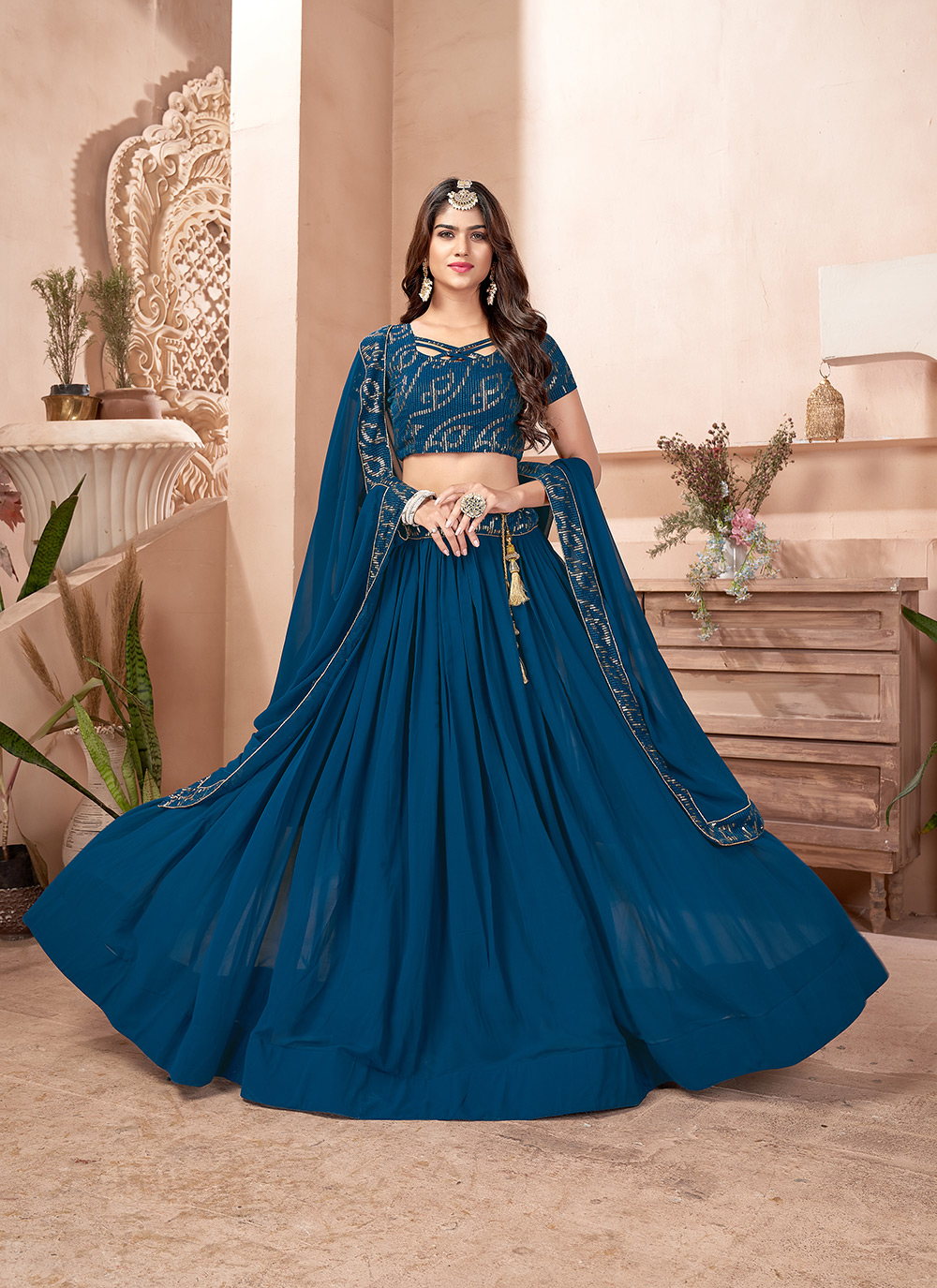 Shop Online Blue Embroidered Mehndi A Line Lehenga Choli : 234132