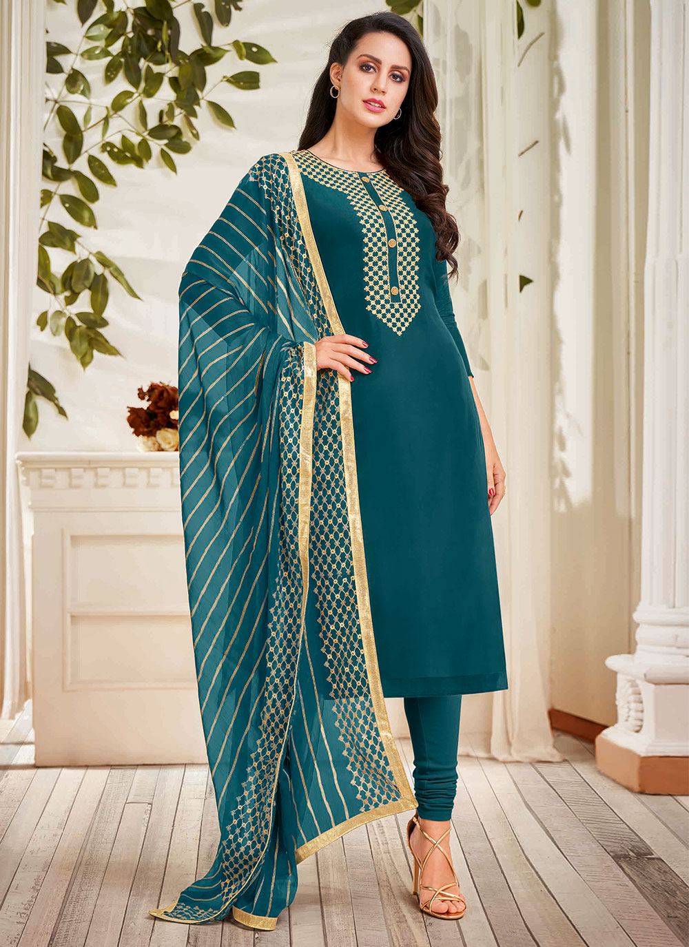 Designer Straight Suit Embroidered Chanderi Cotton in Teal buy online