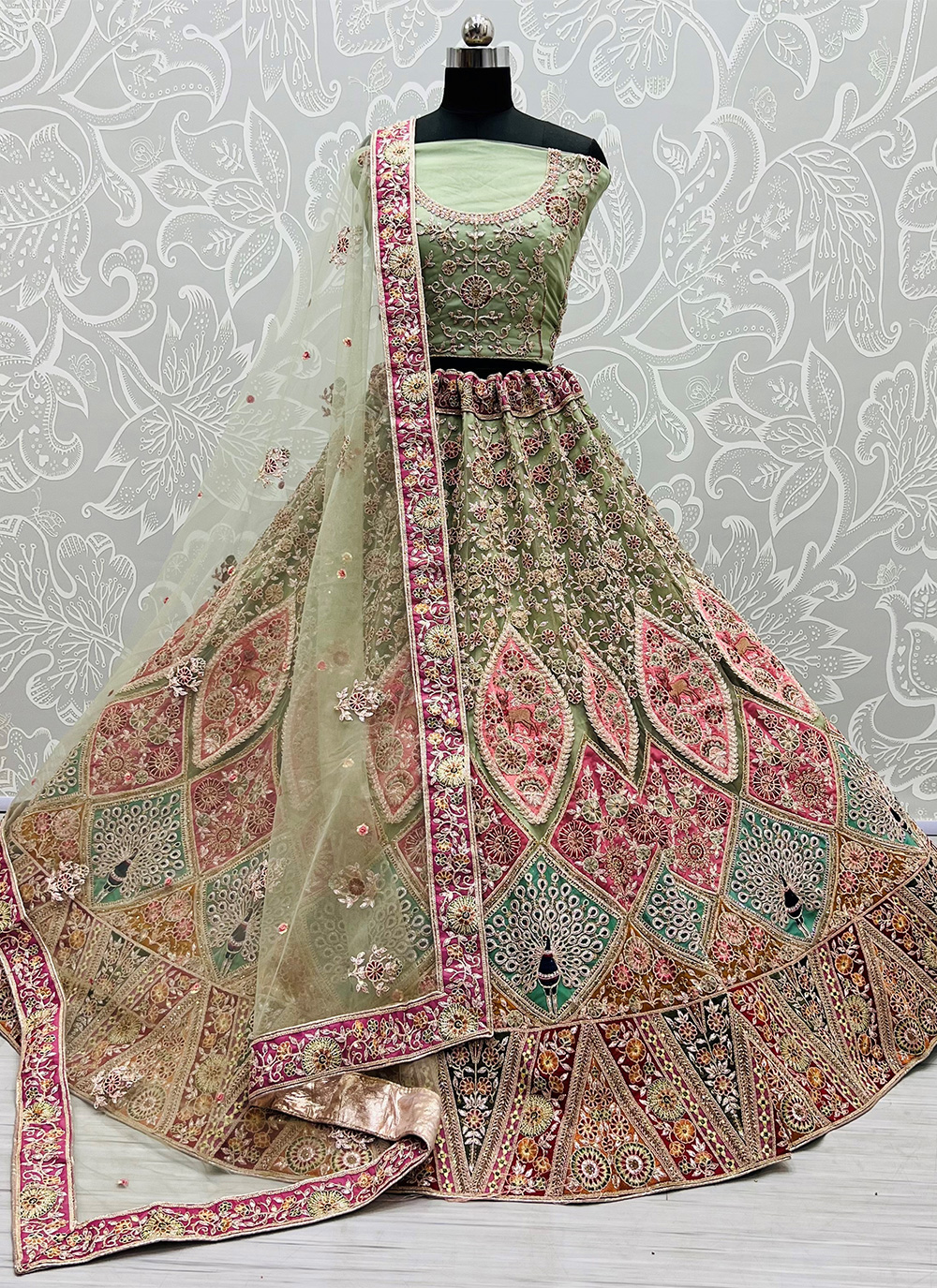 Buy Dori Work Net A Line Lehenga Choli in Green Online : 226414