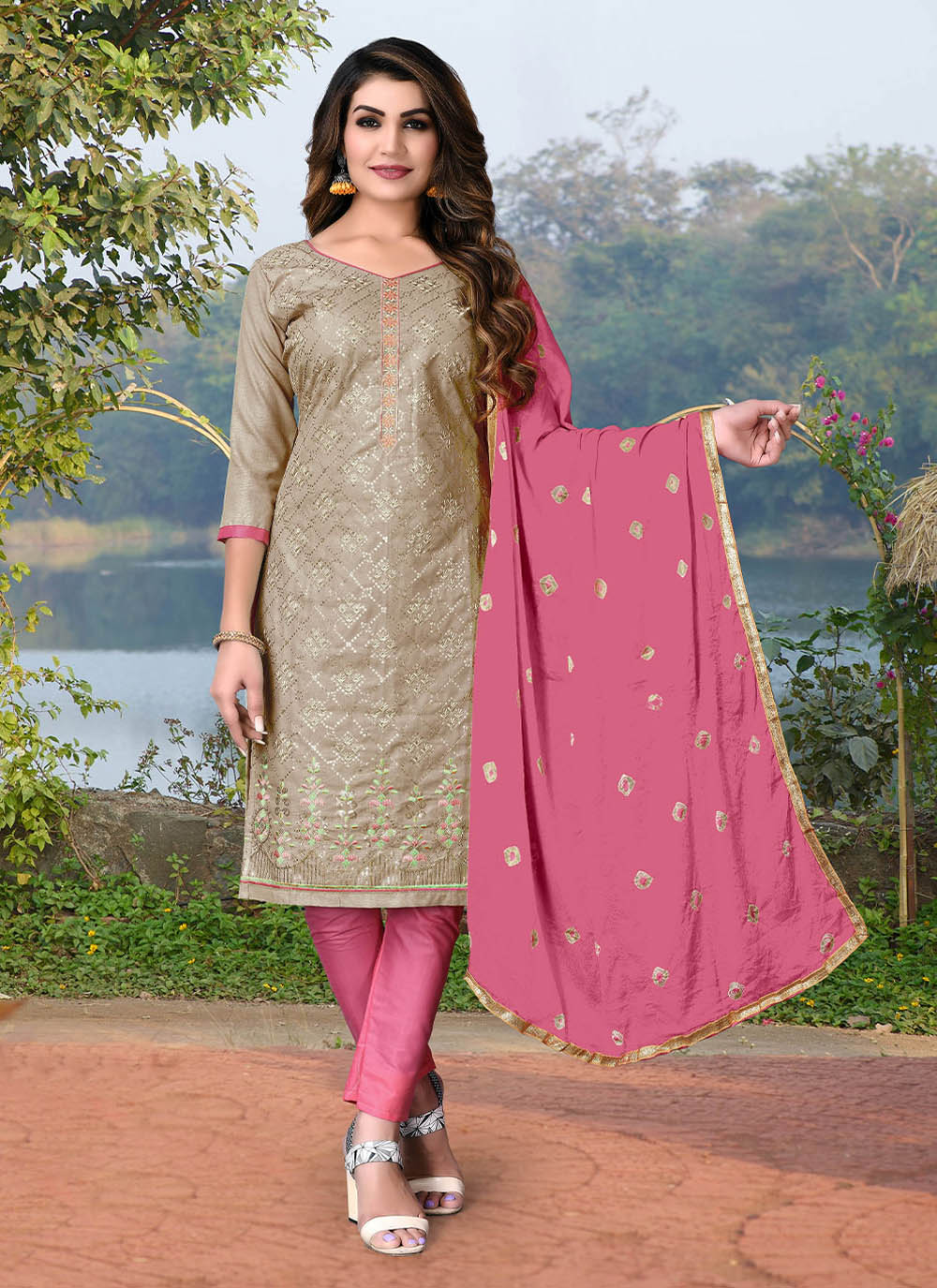 Shop Online Embroidered Cotton Brown Salwar Suit : 231009