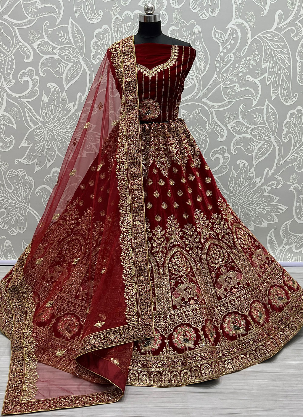 Shop Embroidered Maroon Velvet A Line Lehenga Choli Online : 234098