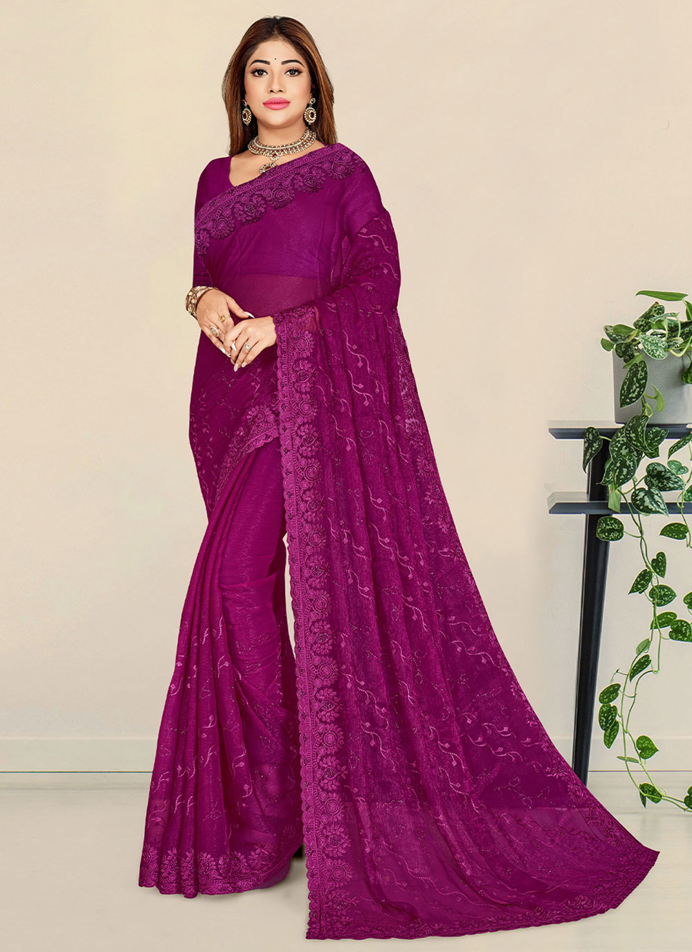 Buy Embroidered Shimmer Purple Saree : 241379