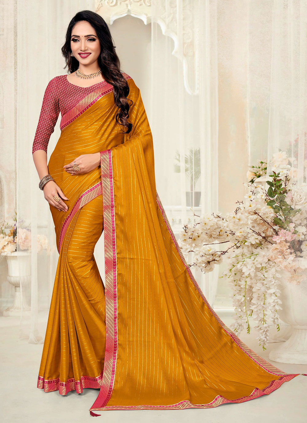 Buy Faux Chiffon Lace Saree in Mustard Online : 214753
