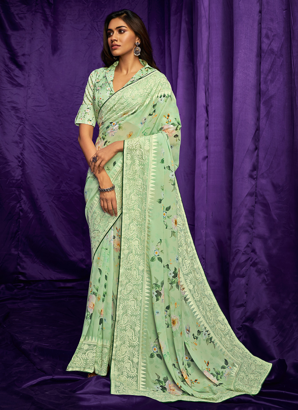 Buy Faux Georgette Green Saree Online