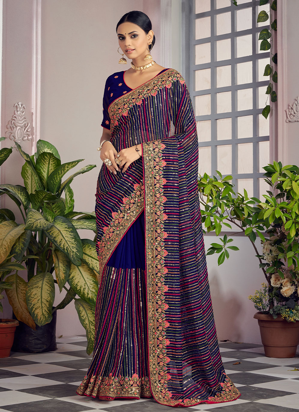 Shop Georgette Navy Blue Classic Saree Online : 233381 - Saree