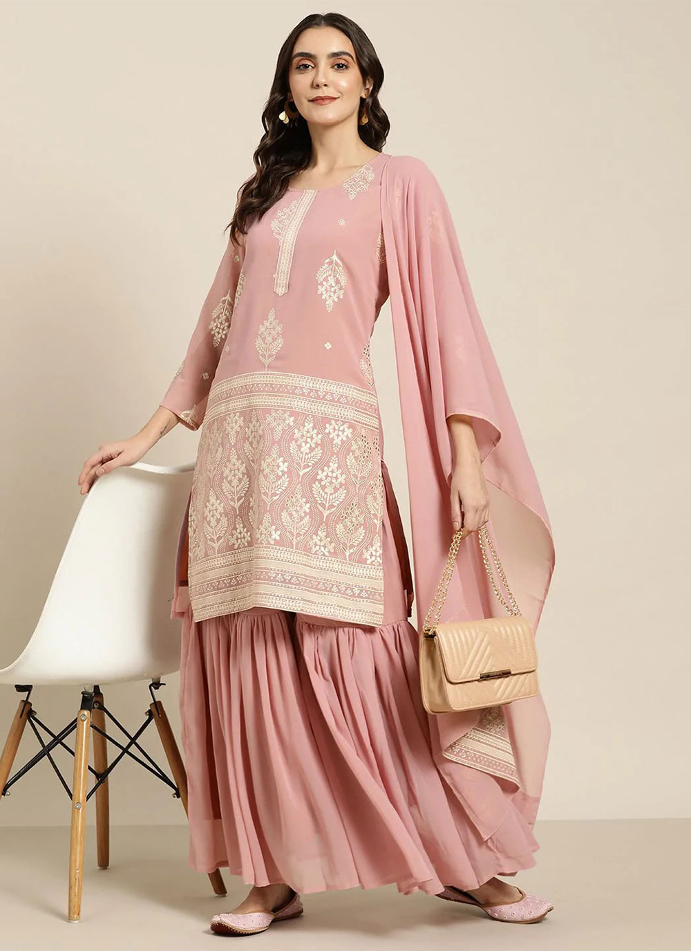Buy Online Georgette Pink Foil Print Readymade Salwar Suit : 240603