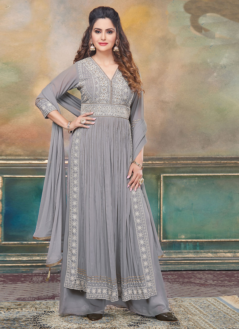 Shop Online Georgette Readymade Salwar Suit in Grey : 227717