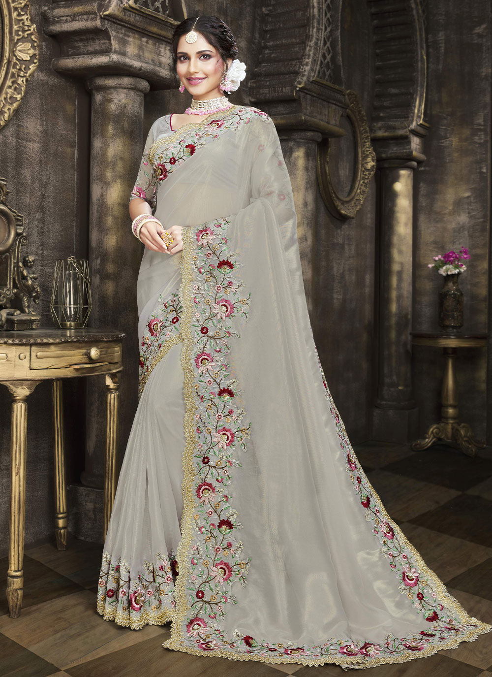 Shop Grey Tissue Embroidered Classic Saree Online : 241481