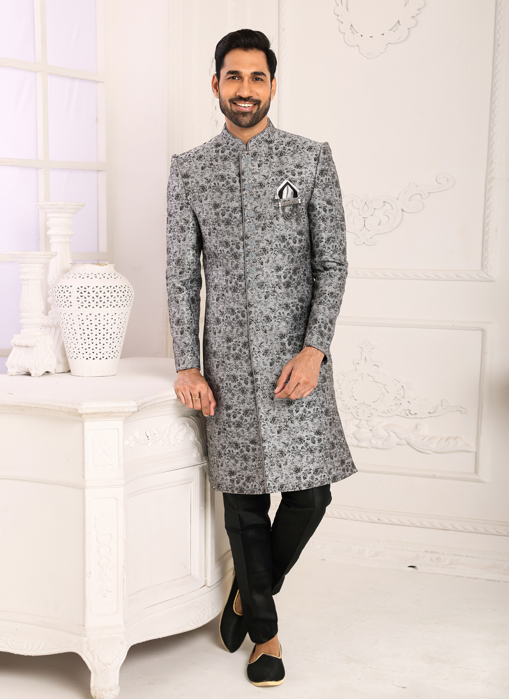 Buy Online Imported Grey Jacquard Work Indo Western Sherwani : 235828
