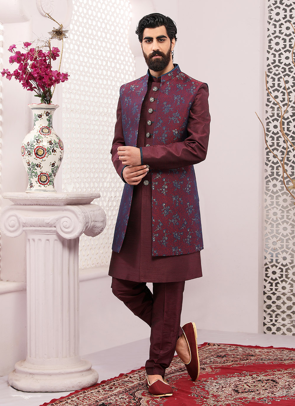 Buy Jacquard Silk Thread Work Jacket Style in Wine Online : 227431 - Mens