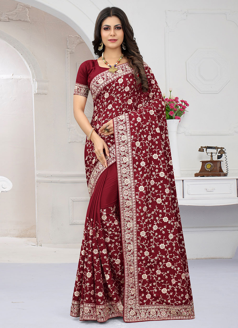 Buy Maroon Wedding Saree Online : 239616