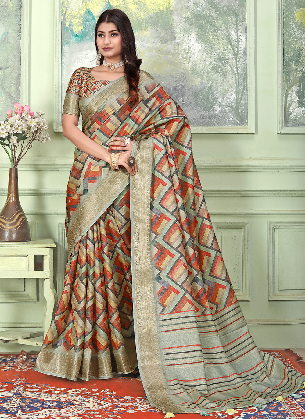 Buy Multi Colour Tussar Silk Festival Saree Online : 243594