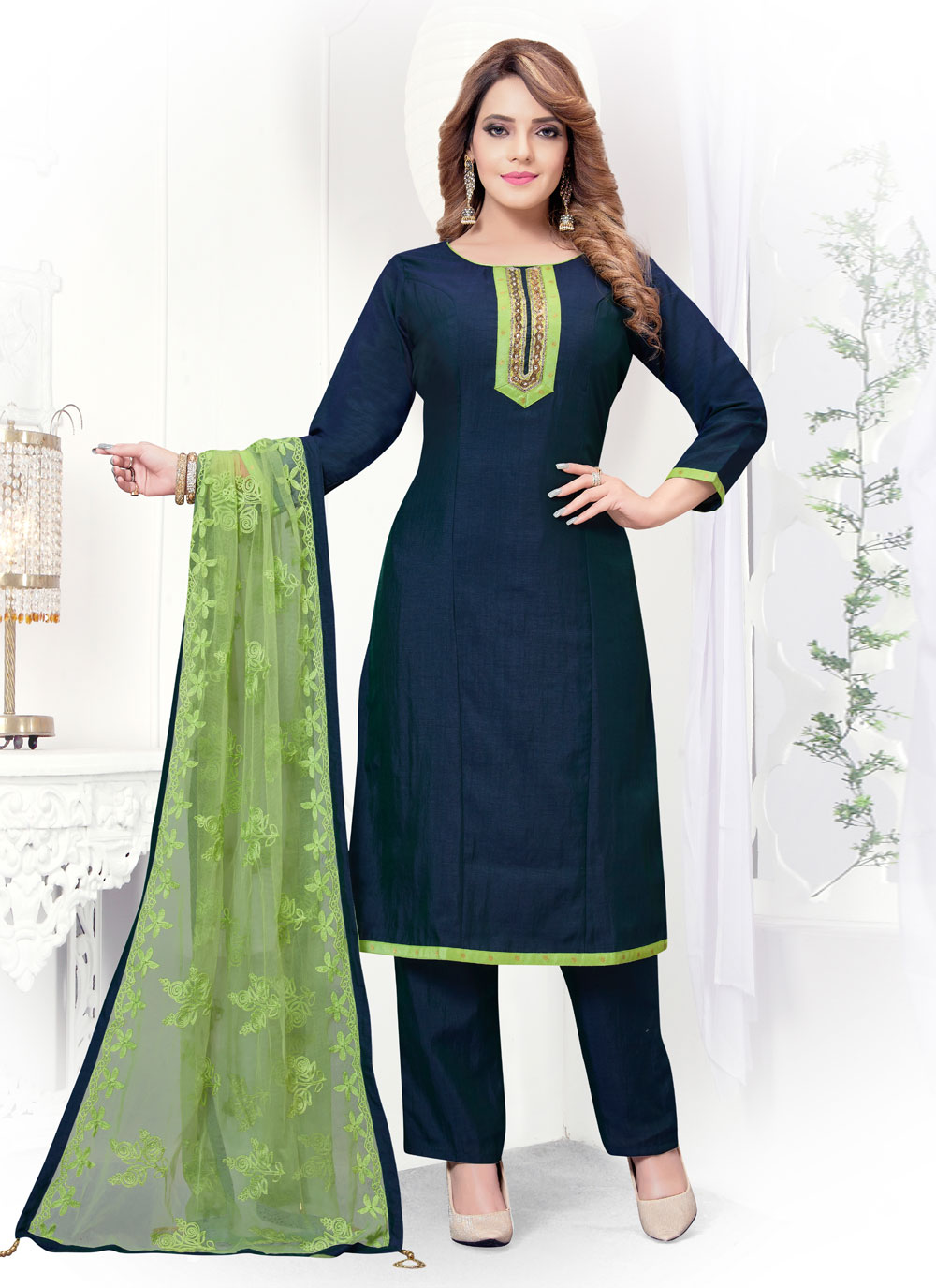 Shop Online Navy Blue Fancy Pant Style Suit : 214639