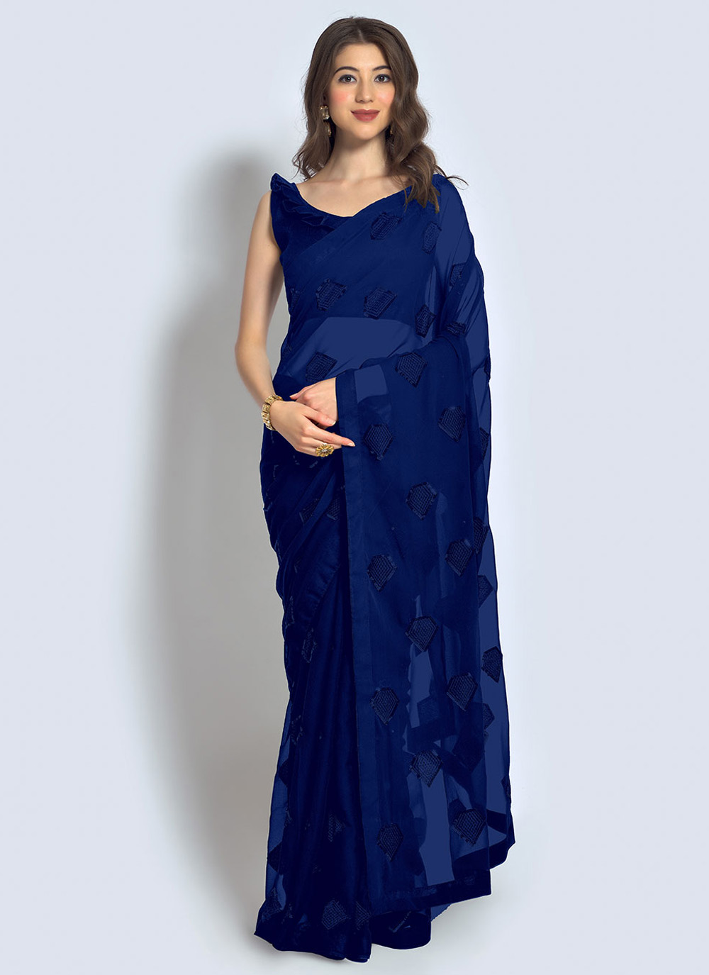 Buy Online Navy Blue Sequins Contemporary Style Saree : 237171