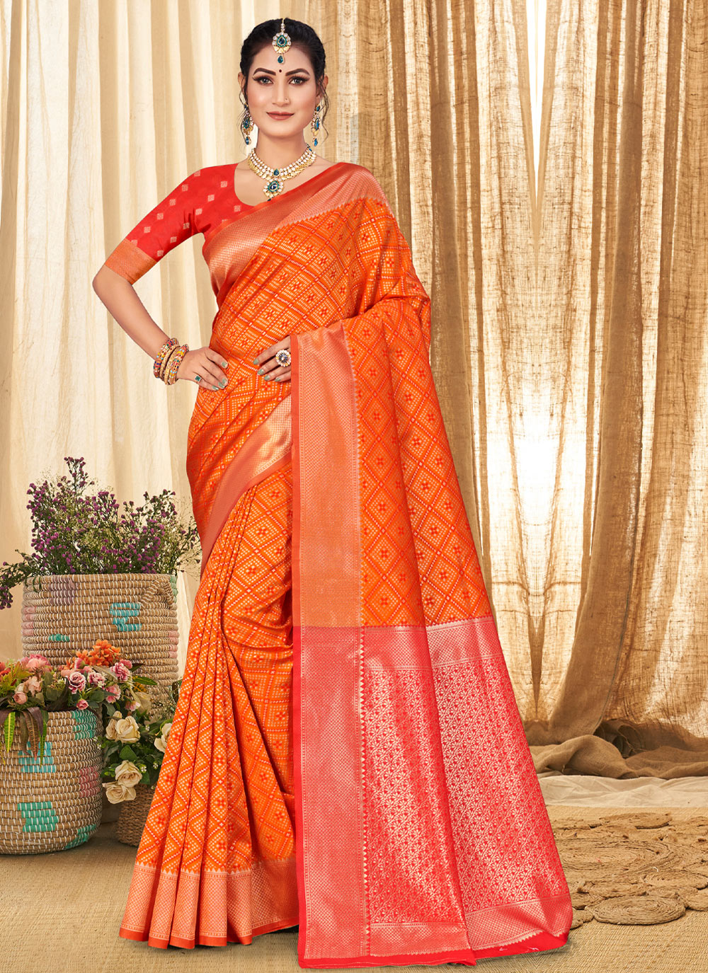 Shop Online Orange Weaving Ceremonial Casual Saree : 243250