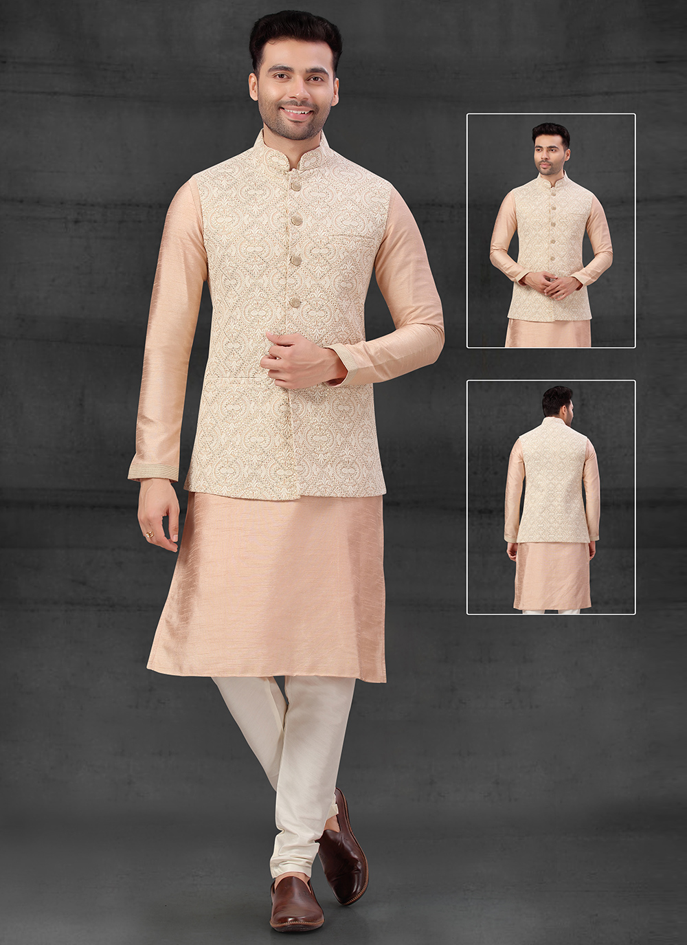 Buy Peach Ceremonial Silk Kurta Payjama With Jacket Online : 238222