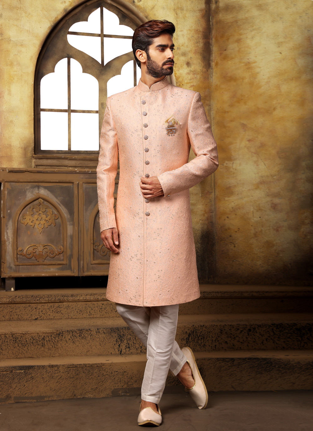 Buy Peach Color Indo Western Sherwani Online : 235820