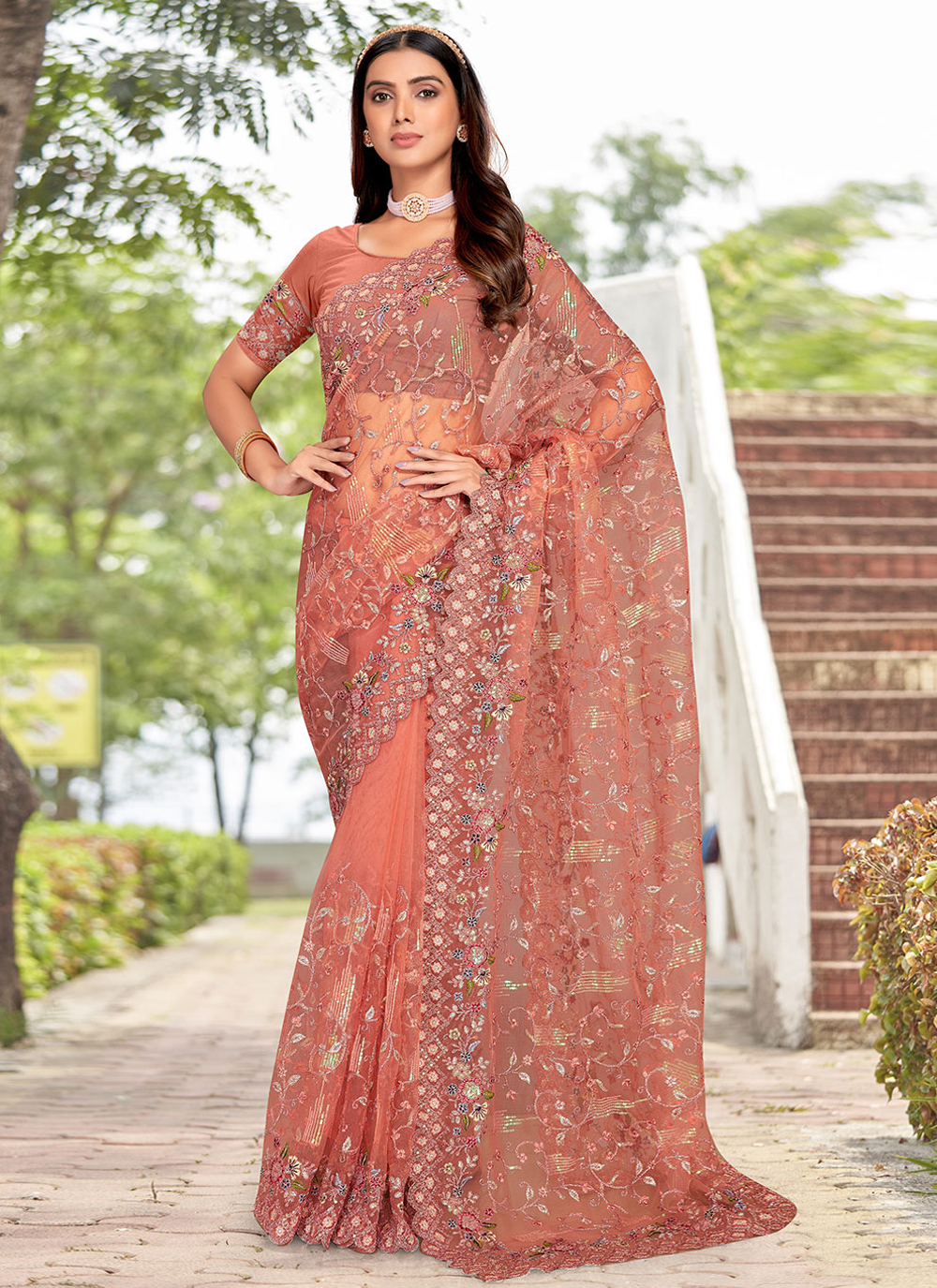 Shop Online Peach Color Traditional Saree : 243539