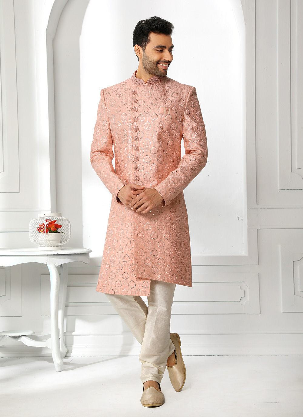 Buy Online Peach Reception Art Silk Sherwani : 238460 Buy Online Peach Reception Art Silk Sherwani : 238460