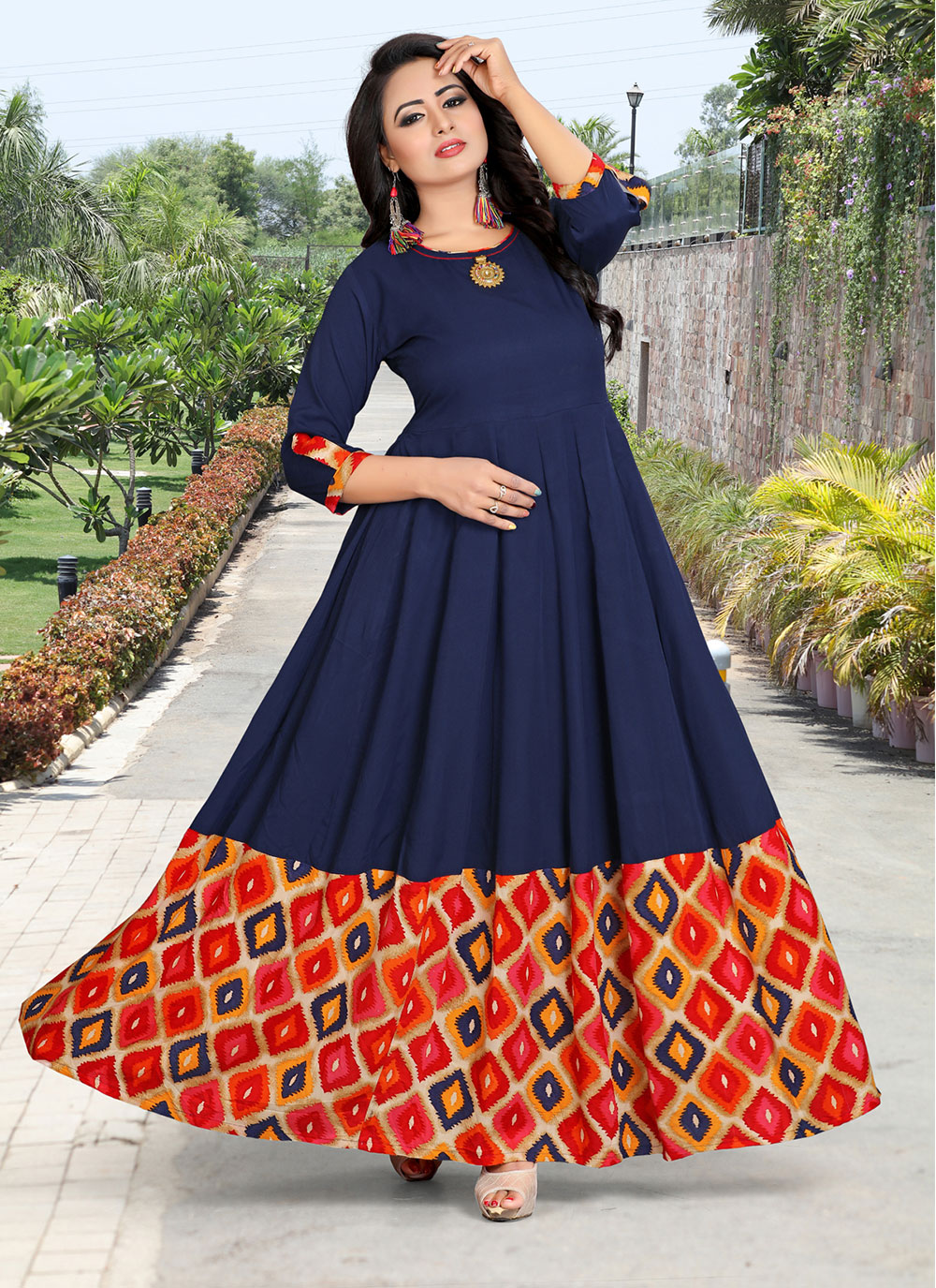 Buy Print Rayon Designer Gown in Navy Blue Online : 215697