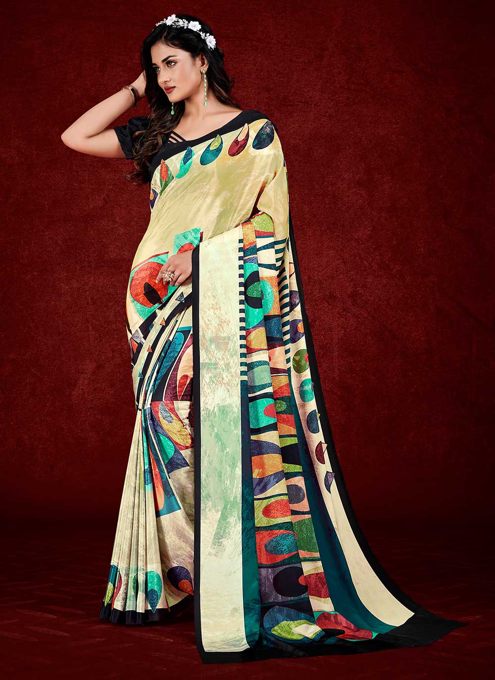 Buy Printed Faux Crepe Trendy Saree Online