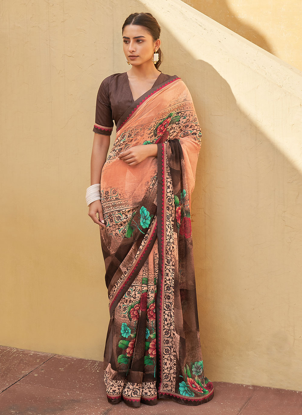 Buy Printed Georgette Brown and Peach Shaded Saree Online : 227598