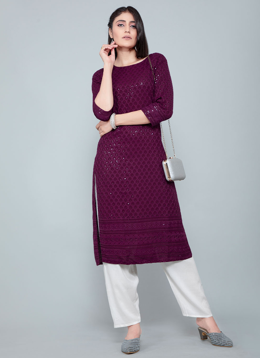Shop Online Purple Chikankari Work Party Casual Kurti : 243314