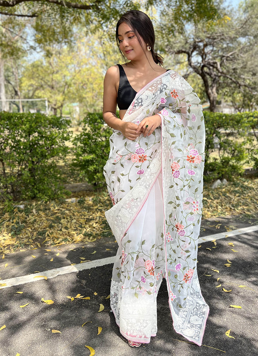 Shop Online Silk Chikankari Work Contemporary Saree in Off White : 229365